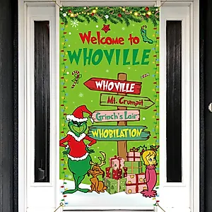 Sunwer Welcome to Whoville Door Cover Green Elf Christmas Winter Holiday Party Decoration Front Porch Sign Backdrop Banner for Home Indoor Outdoor Decor