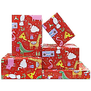 Birthday Gift Wrapping Paper Christmas for Kids Girls Boys 4 Sheets,28 x 20 Inch Per Sheet, Animal Xmas Pattern Folded Flat Red Gift Wrap for 1st Birthday Party Baby Shower Holiday Kindergarten and More