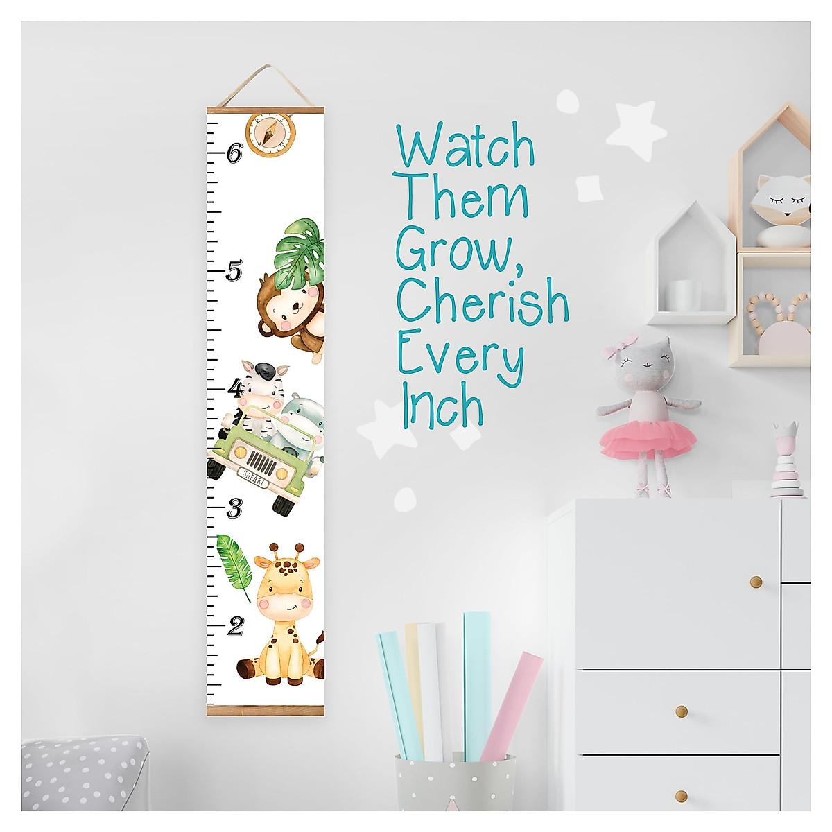 Baby Kids Canvas Hanging Growth Chart Height Ruler Portable 12"x60" Measures from 1'5" to 6'3" Nursery Wall Decor Shower Gift