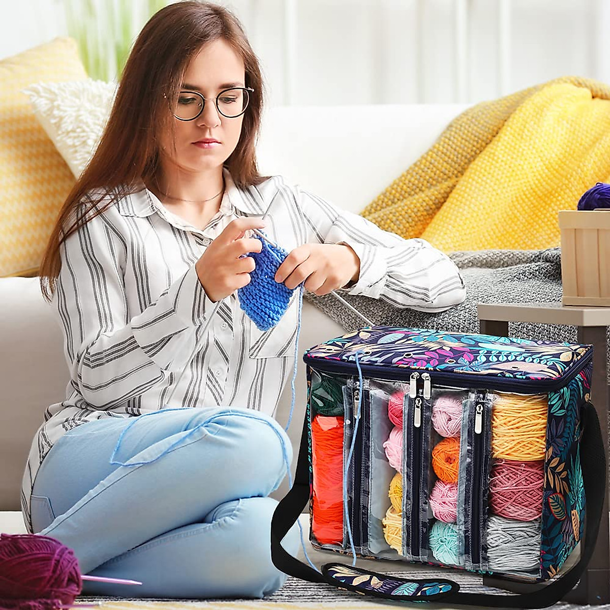 LOOEN Crochet Bag - Mother's Day Gift - Tangle Free Yarn Bag Yarn Storage with Inner Divider, Large Organizer for Crochet Hooks, Knitting Needles Yarn Skeins, Craft Bag Organizer Tote