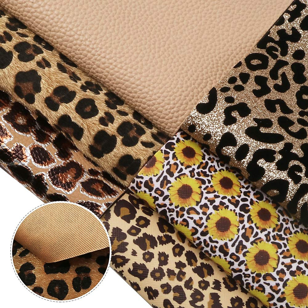 David angie Leopard Sunflower Printed Faux Leather Sheet Mixed Synthetic Leather Sheets Assorted 6pcs 7.7" x 12.9" (20 cm x 33 cm) for Earrings Hair Bows Making (Assorted)