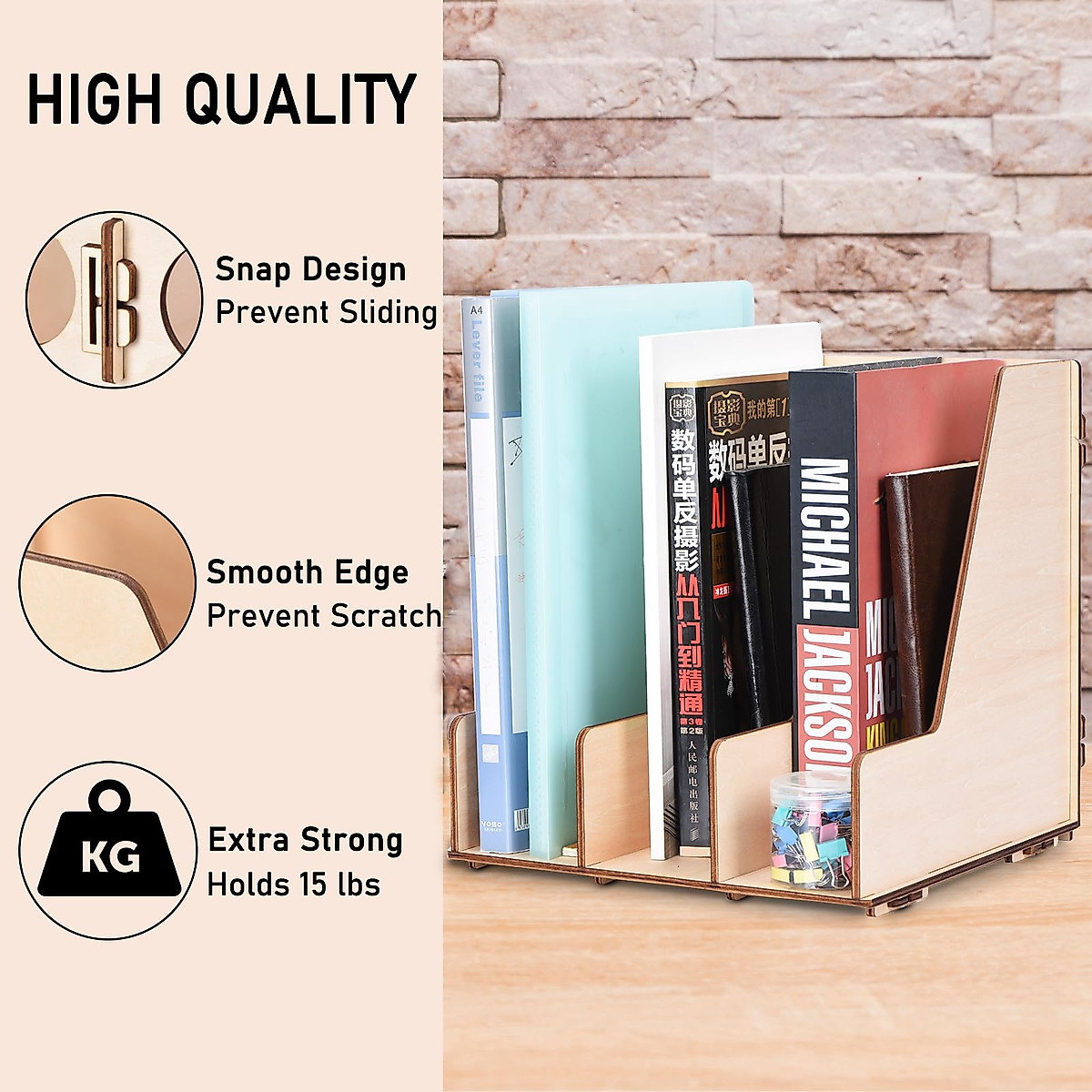 GJMZZG Rustic Magazine File Holders, Wood Vertical Document Folder Binder Storage Organizer 3 Compartment, Wooden Open Magazine Organizer for Home Office, School