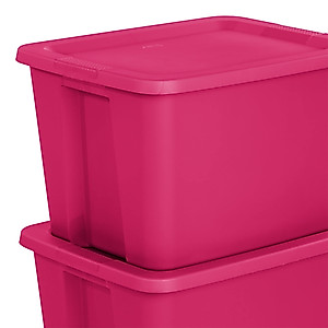 ouyoo Plastic Storage Bin 18 Gallon Storage Tote Organizing Container with Durable Lid , Stackable and Nestable, Great for Garage Storage, Office Supplies, Clothes, Moving Boxes, 8 Pack（Fuchsia ）