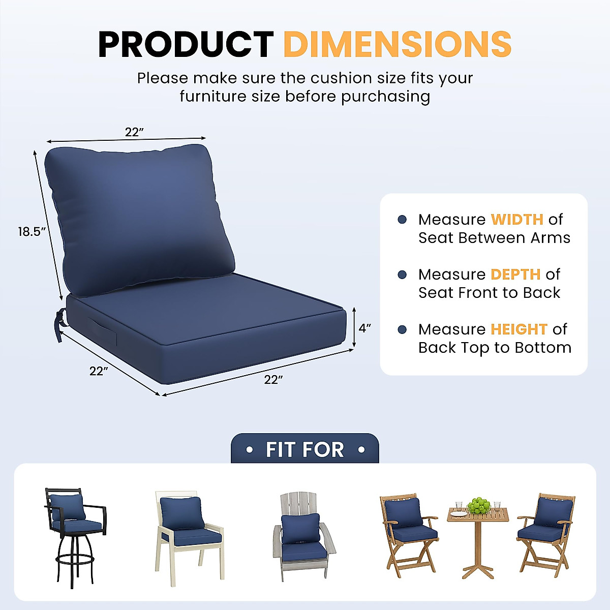 Amopatio Outdoor Cushions for Patio Furniture, 22x22 Outdoor Chair Cushions with Waterproof & Fade Resistant Cover, Deep Seat Replacement Patio Cushions with Adjustable Straps & Handle, Navy Blue