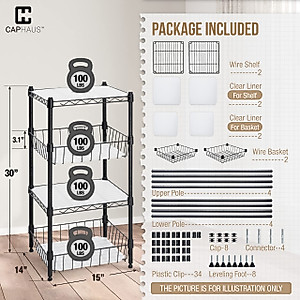 Fencer Wire NSF 2 to 4 Tier Stackable Wire Shelving Unit w/Baskets & Liner, Storage Rack Kitchen, Bathroom, Laundry Closet, Wire Shelving Basket Shelves, Storage Rack Corner Shelves, Black