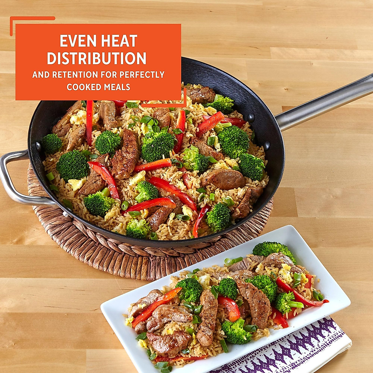 Imusa LCI-19008 Light Cast Iron Wok Pre-Seasoned Non-Stick with Stainless Steel Handles, 14", Black