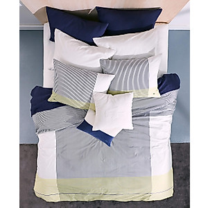 Lacoste Backspin 2- Piece Reversible 100% Cotton Striped Duvet Cover & Sham Set, Twin/Twin XL, Ivory/Blue/Yellow
