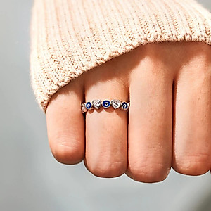 Koufeil Always Protected Heart&Evil Eye Ring Band, 925 Sterling Silver Evil Eye Rings for Women, Minimalist Blue Evil Eyes Ring Lucky Jewelry Gifts (8)