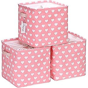 Hinwo 3-Pack Cubic Organizer Shelf Bins, Canvas Fabric Storage Baskets with Handles, 22L/5.8-Gal Square Storage Bins, Cubes, Collapsible Storage Box, 11 x 11 x 11 Inches (S, Pink Heart)