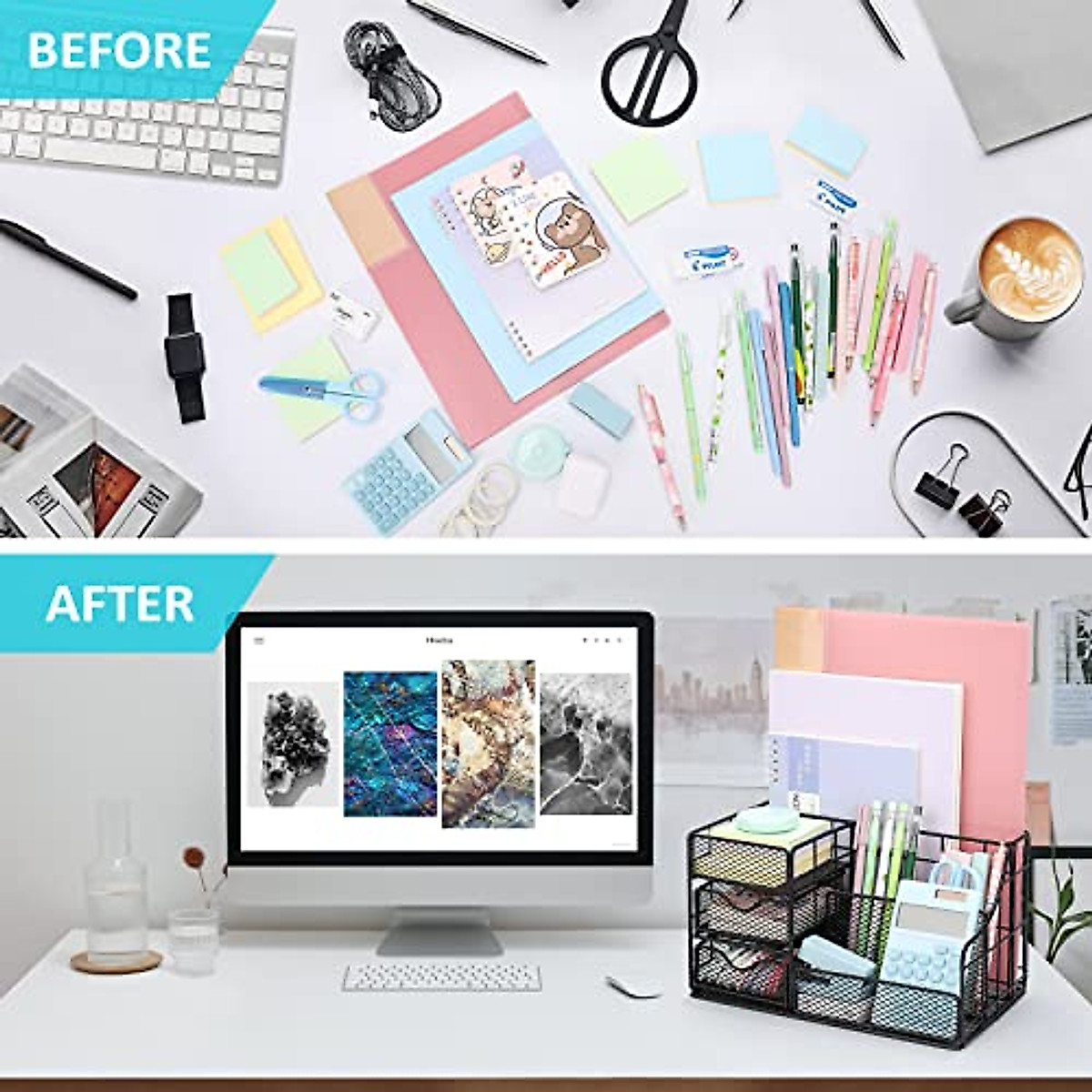 DEZZIE Desk Organizers and Accessories, Mesh Desk Organizer with 2 Sliding Drawers, Office Supplies and Organizers with 7 Compartments + 72 Clips Set, Black Desktop Organizer for Home, School,Office