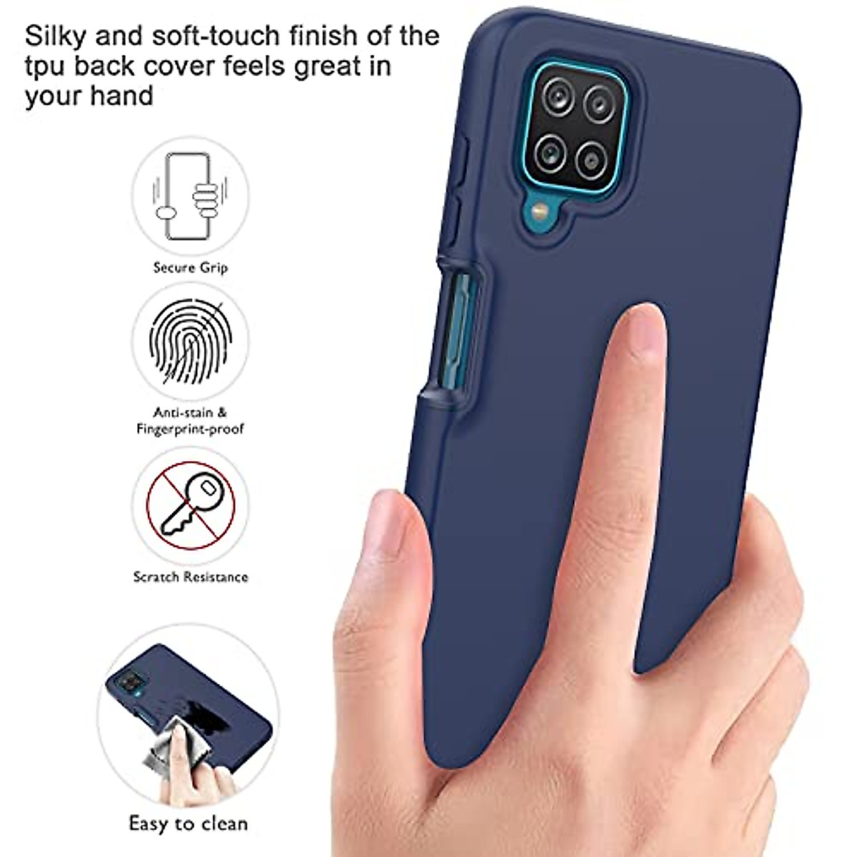 for Samsung Galaxy A12 Case with Built-in Screen Protector, Full Body Protection Shockproof Cover Case, [Rugged PC Front Bumper + Soft TPU Back Cover] Armor Protective Phone (Navy Blue), GTPY-SA12-B