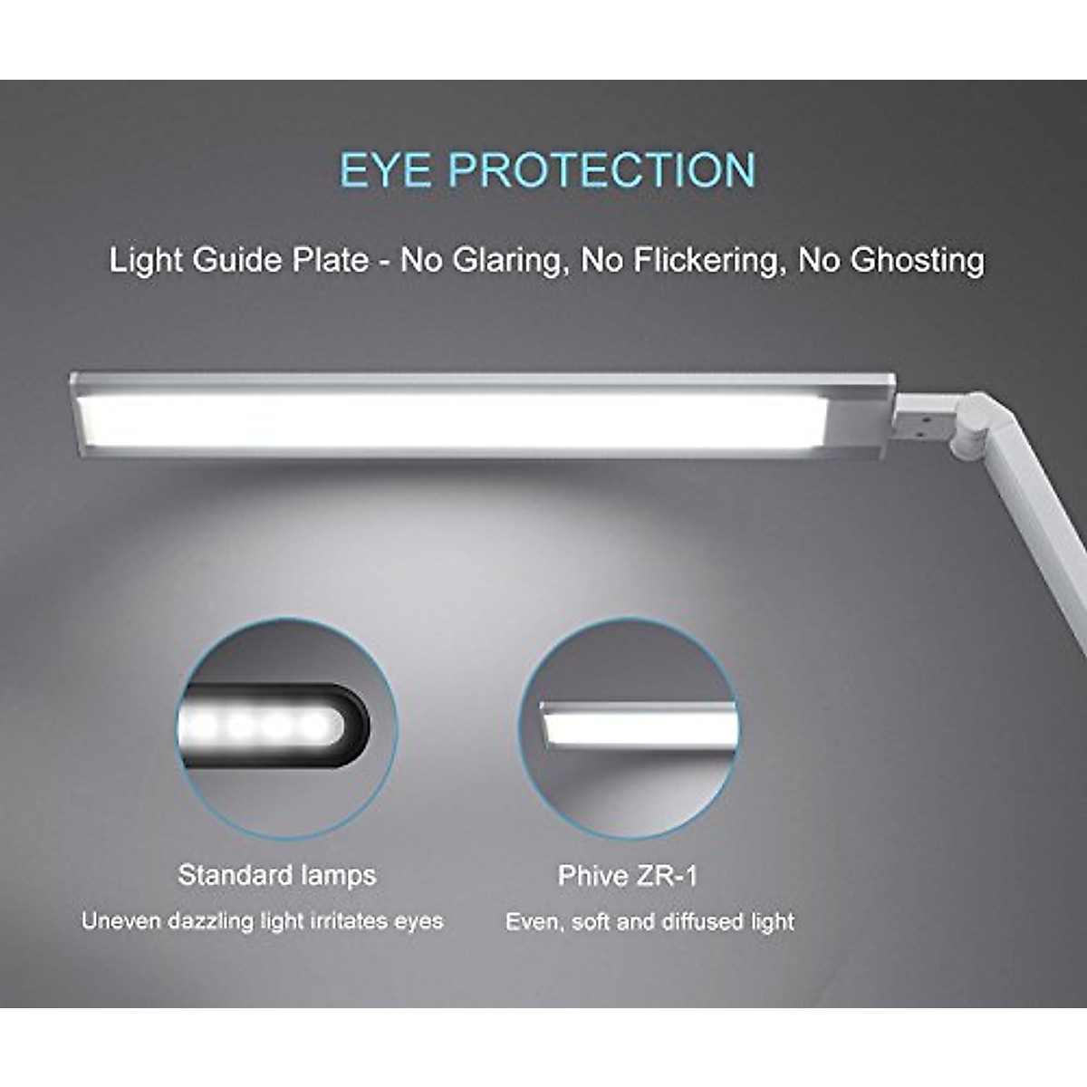 Phive Dimmable LED Desk Lamp with Fast Charging USB Port, Touch Control, 8-Level Dimmer / 4 Lighting Modes, Aluminum Body, Eye-Care LED, Table Lamp for Bedroom/Reading/Study (Silver)