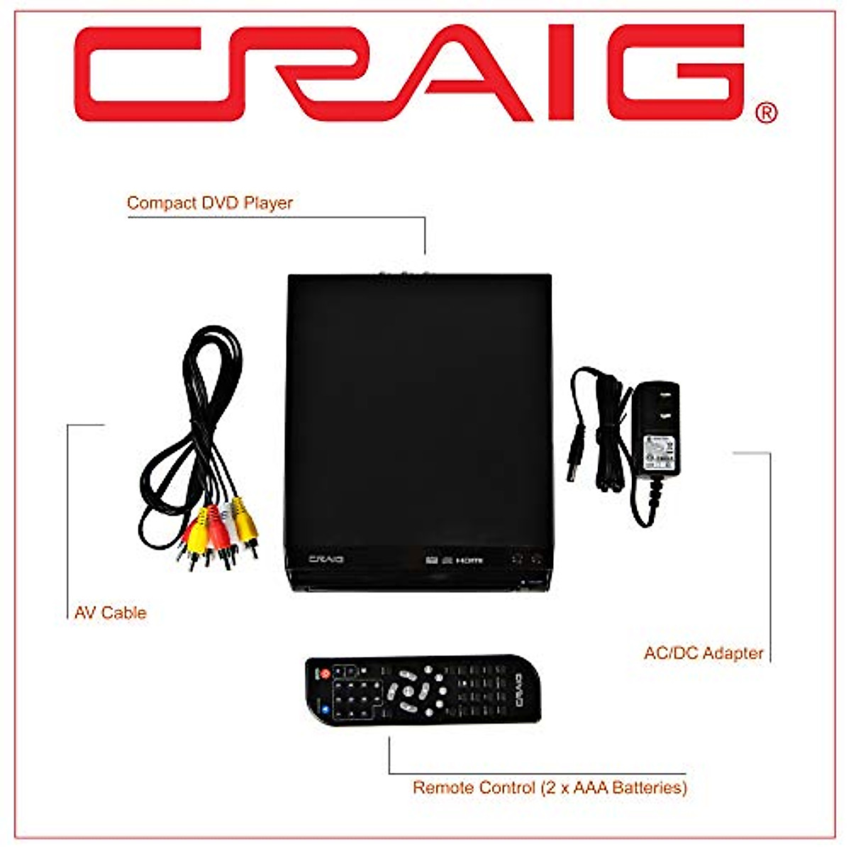 Craig CVD512a Compact DVD Player with Remote in Black | Compatible with DVD/DVD-R/DVD-RW/JPEG/CD-R/CD-RW/CD | Progressive Scan | Multilingual Supported |