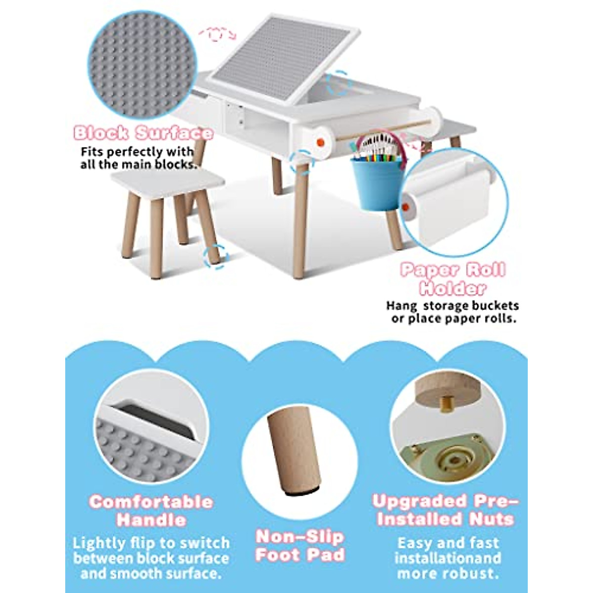 PIAOMTIEE Upgraded Kids Art Table and Chair Set, 2-in-1 Multi Activity Table Set w/Detachable Tabletop for Toddlers Crafts, Drawing, Reading, Playroom, Lego Table with Storage, Gift for Boy & Girl