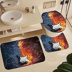 Fantasy Music Theme Guitar Shower Curtain Sets 4 Piece,Boys Room Decor Fire Water Flame Mist Electric Guitar Bathroom Decor Sets with Rugs Include Waterproof Non-Slip Toilet Lid Cover Bath Mat