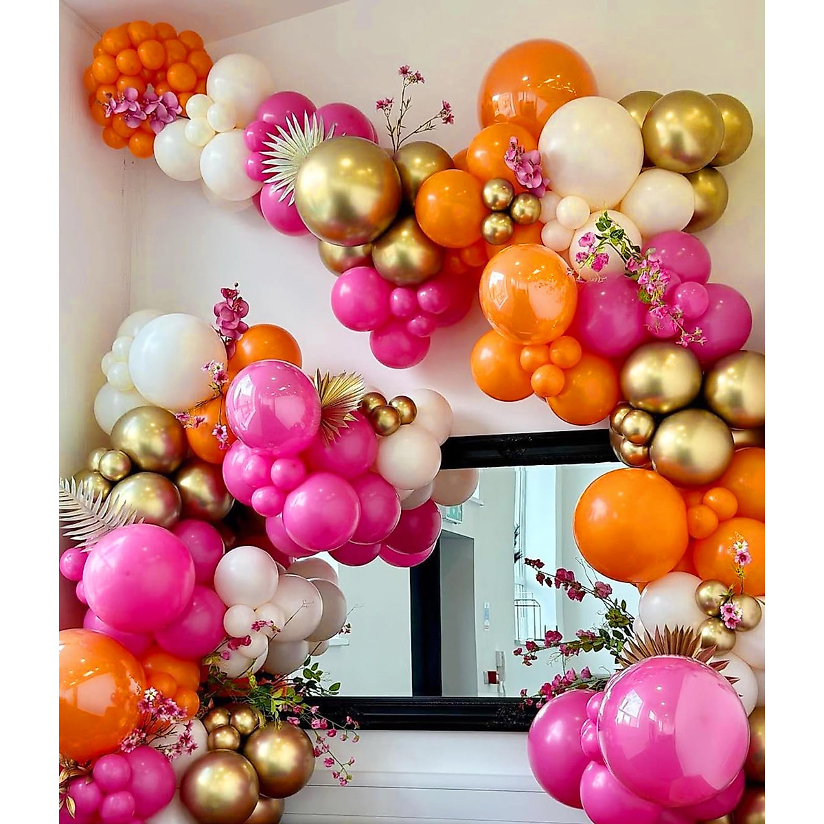 FOTIOMRG 203pcs Pink Orange Balloon Garland Arch Kit, Hot Pink Orange Metallic Gold Latex Balloons for Summer Tropical Engagement Bridal Shower Bachelorette Birthday Party Balloons Decorations