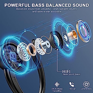 Headphones Bluetooth 5.3 Wireless Earbuds ENC Noise Cancelling Mic, Bass Stereo Over Ear buds with Earhooks, 48H Playback and Dual LED Display, IP7 Waterproof Earphones for Sports/Workouts/Gym/Gaming
