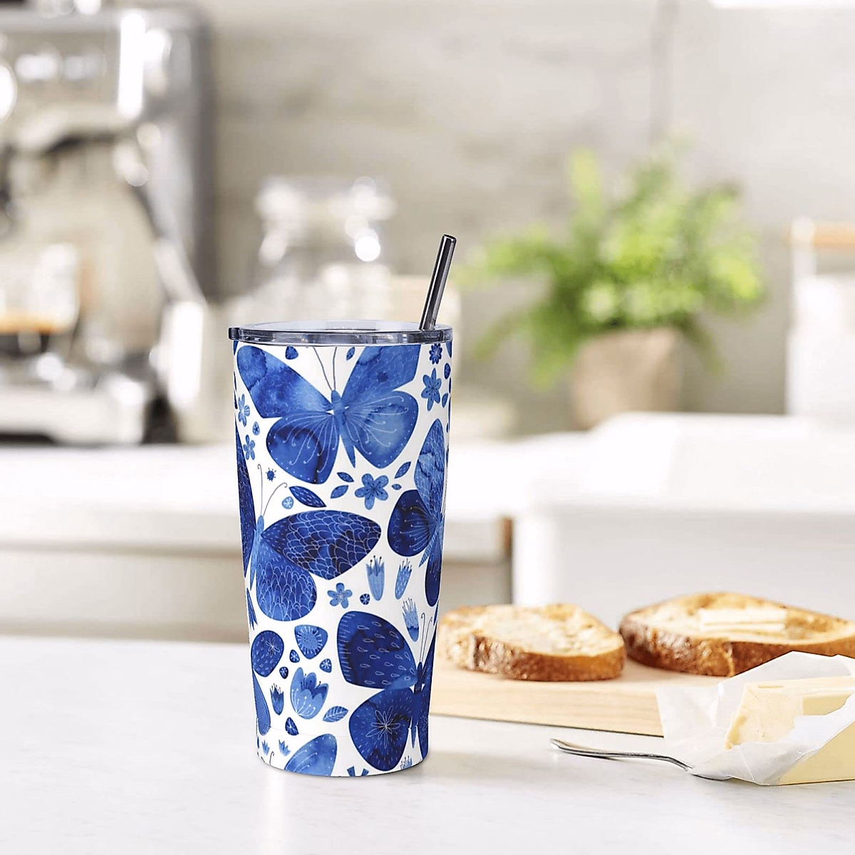 EVANEM 20 Oz Stainless Steel Tumbler With Straw Cleaner Blue Butterflies Printed Insulated Cup Travel Coffee Mug Vacuum Insulated Tumblers For Home Office