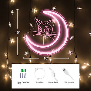 JXIN Moon Neon Sign, Adorable Anime-Inspired Luna Cat Moon Light for Girl's Teen Room Wall Decor, Kawaii Gamer Room, Birthday Decorations