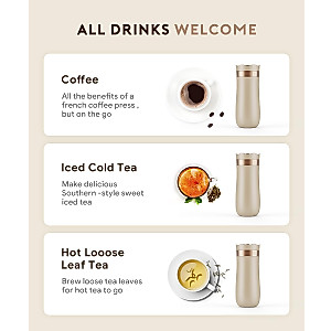 BENFUCHEN Travel Coffee Press, Vacuum Insulated Portable French Press, Stainless Steel Portable Coffee Maker/Tea Press, 12oz, Rose Red