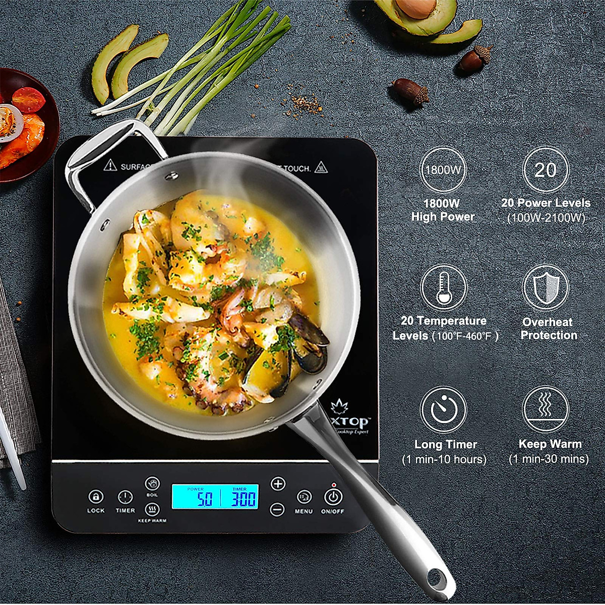 Duxtop Portable Induction Cooktop, Silver 9600LS/BT-200DZ & Ceramic Non-stick Frying Pan, Stainless Steel Induction Frying Pan, 8-Inch Stir Fry Pan with Heavy-gauge Impact-bonded Bottom, FUSION Ti