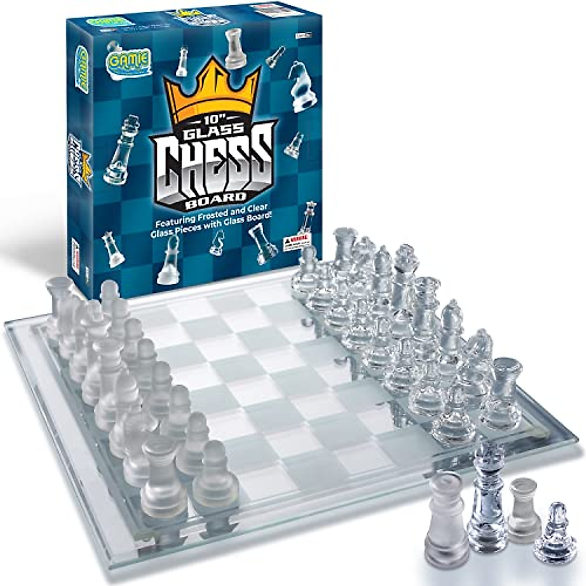 Gamie Glass Chess Set, Elegant Design - Durable Build - Fully Functional - 32 Frosted and Clear Pieces - Felted Bottoms - Easy to Carry - Reassuringly Stable (10 Inch)