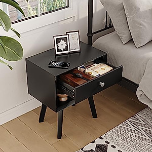 Black Nightstand with 1 Drawer Mid Century Modern Nightstand Wood Bed Side Table for Bedroom 24 Inch Tall Bedside Table Night Stand with Drawers Farmhouse End Table Mesas De Noche para Cuartos