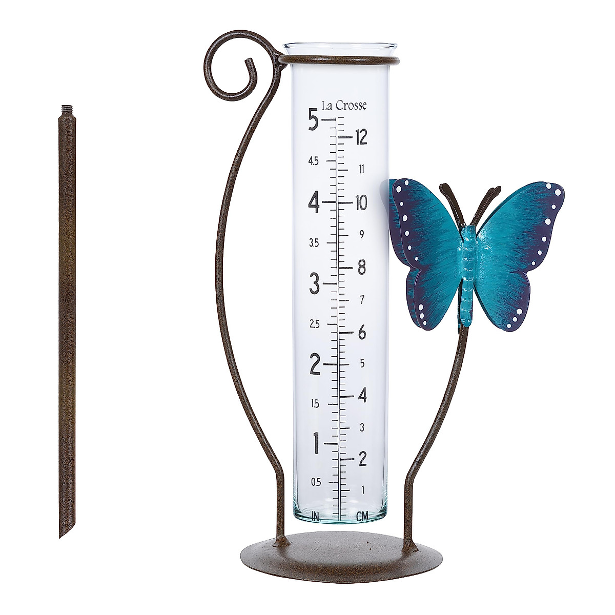 La Crosse 704-4645B Blue 5 inch Capacity Glass Butterfly Rain Gauge with Ground Rod