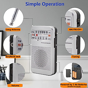 FUHONGYUAN AM FM Portable Pocket Radio, Compact Transistor Radios - Best Reception, Loud Speaker, Earphone Jack, Long Lasting, 2 AA Battery Operated (Silver)
