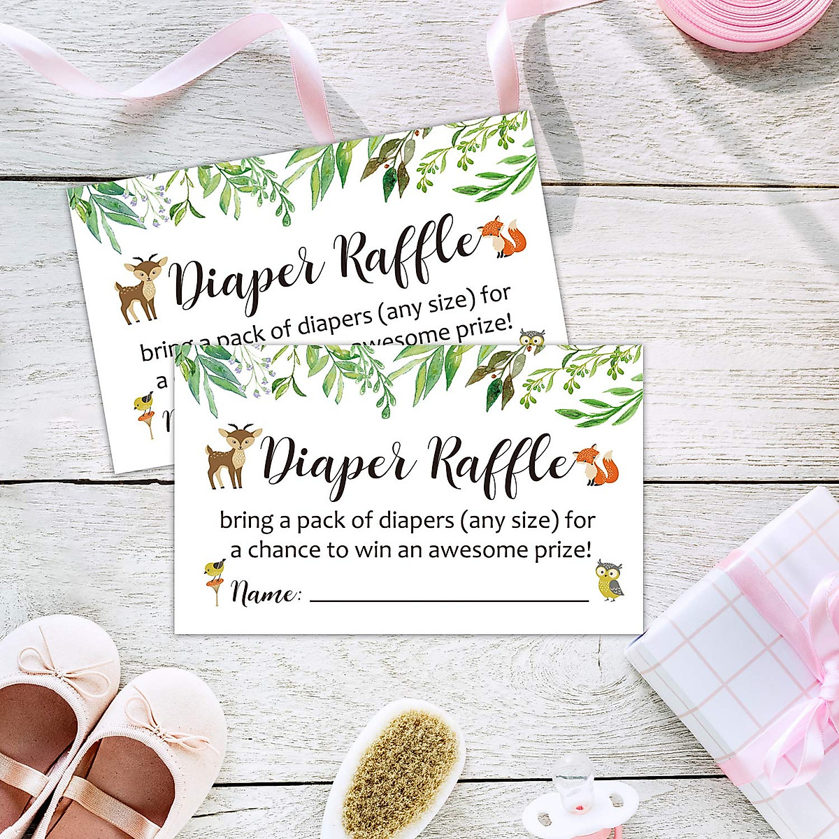 Diaper Raffle Tickets Woodland Baby Shower Game Invitations Insert for Boy Girl, Bring a Pack of Diapers to Win Favors, Lottery Insert Card, Green, 3.5" x 2", Pack of 50