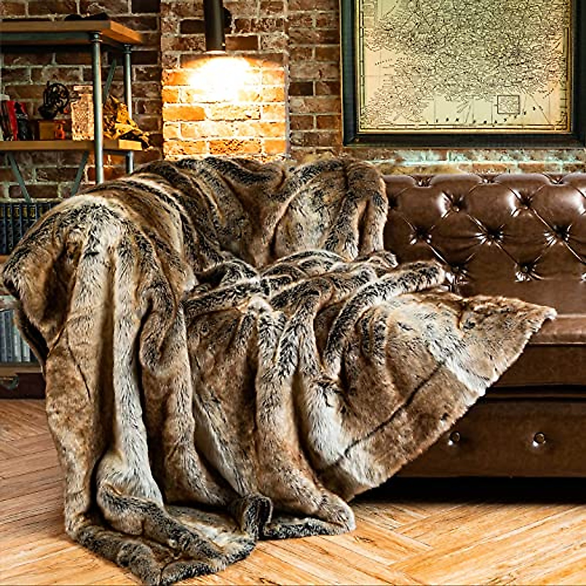 BATTILO HOME Brown Faux Fur Throw Blanket for Bed, Large Fall Fur Blanket Twin Size 60 x 80 Inches Super Soft Fuzzy Thick Warm Fur Throw Blankets for Couch, Reversible to Plush Velvet