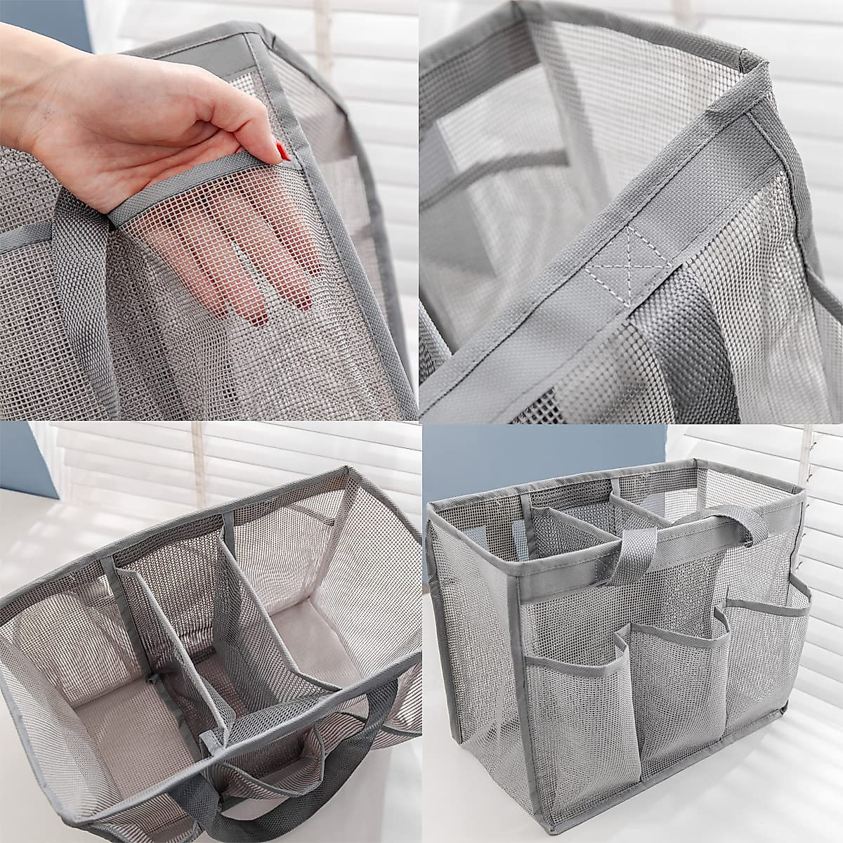 Jelier Mesh Shower Tote Caddy with Separated Main Compartment,Portable Toiletry Bag for Bathroom College Dorm Gym Camping (grey)