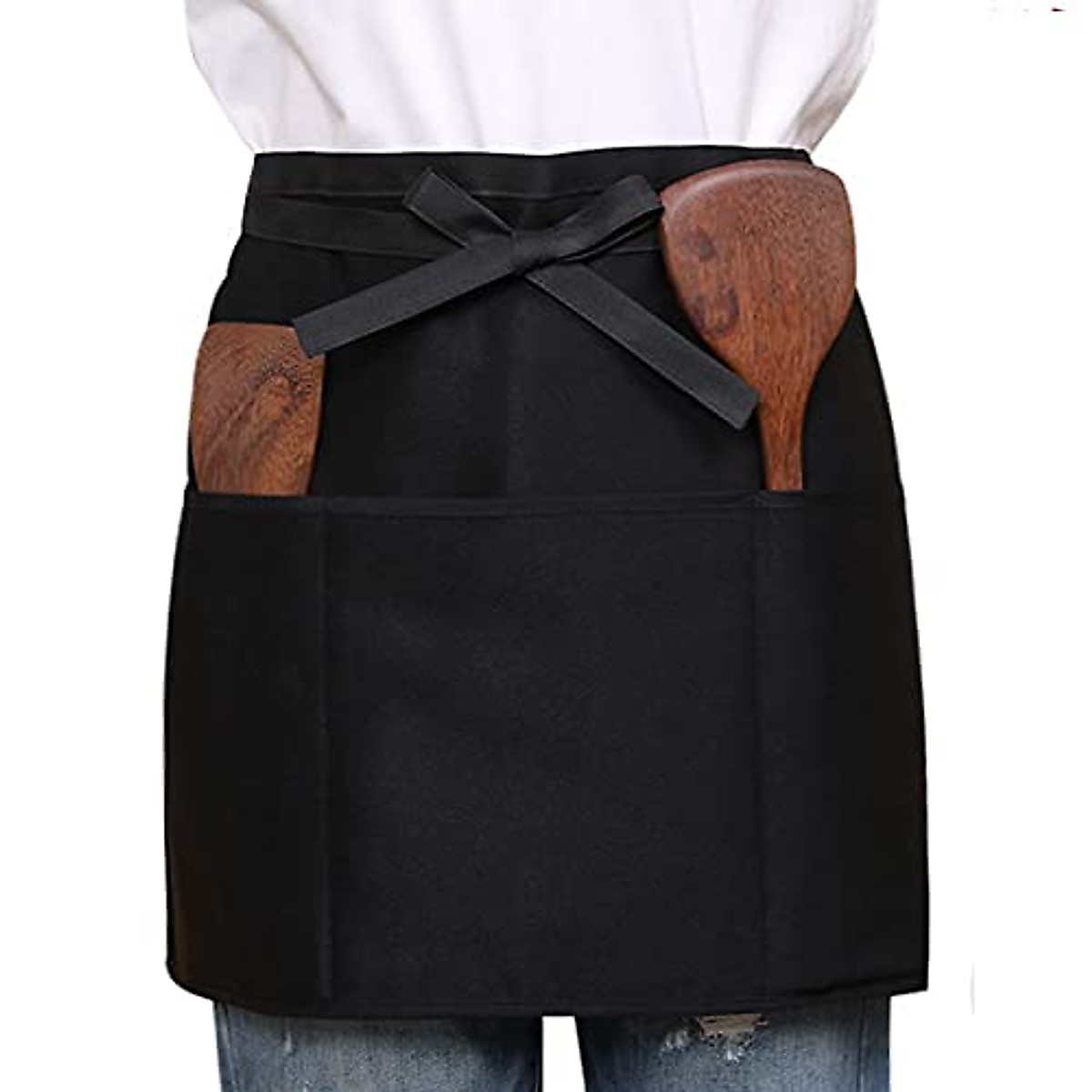 LRUUIDDE Server Aprons with 3 Pockets, Black Server Waist Aprons, Waitress Half Apron,Waterdrop Resistant Waitress Apron (Black-1 Pack)
