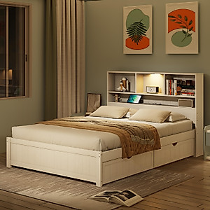 Twin Size Platform Bed with Bookcase Headboard, USB Charging Station and Downlight,Wood Twin Bed Frames with 2 Storage Drawers,Twin Storage Bed Frames for Kids Girls Boys,White