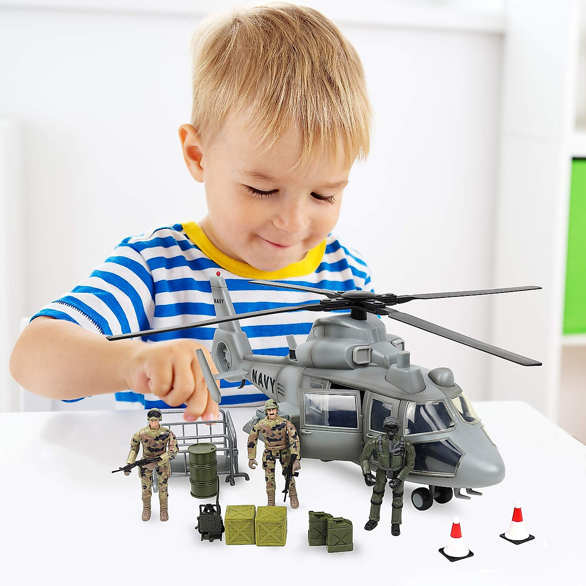 Click N' Play Military Aerial Rocket Helicopter 24 Piece Playset with Accessories - Great Army Toys Action Figures for Kids and Boys Ages 4-7 8 - 12 | Model Vehicle Helicopter Silver