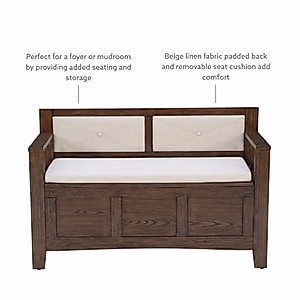Linon Umber Brown Carlton Rustic Storage Bench with Beige Upholstered Back and Cushioned Seat