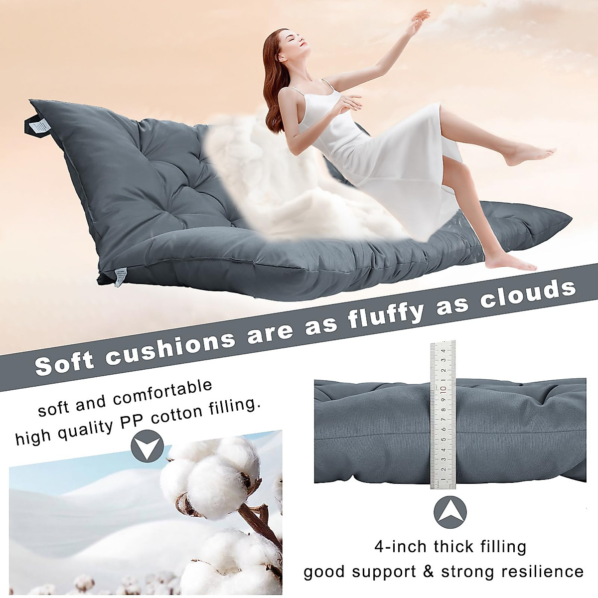 HIYEN Porch Swing Cushions 3 Seater Replacement, Waterproof Bench Cushions for Outdoor Furniture with Backrest, 4" Thickened Patio Swing Cushion with Ties (Light Grey, 70 * 40 inch)