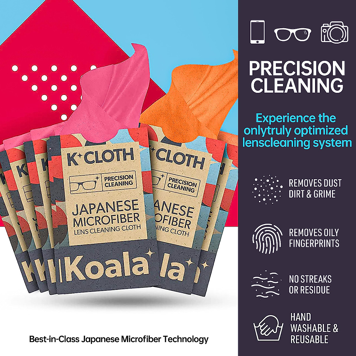 Koala Lens Cleaning Cloth | Japanese Microfiber | Glasses Cleaning Cloths | Eyeglass Lens Cleaner | Eyeglasses, Camera Lens, VR/AR Headset, and Screen Cleaning | Pink & Orange (Pack of 6)
