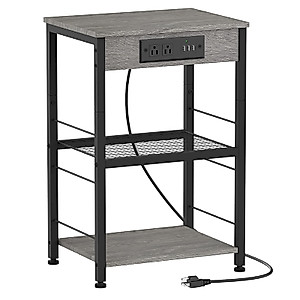 Nightstand with Charging Station, 3 Tier Side End Table with USB Ports and Outlets, Side Table Living Room with Storage shelf Modern Bedside Tables with USB for Bedroom Study, Dark Gray and Black