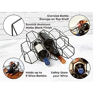 Countertop Wine Rack - 9 Bottle Wine Holder for Wine Storage - No Assembly Required - Modern Black Metal Wine Rack - Wine Racks Countertop - Small Wine Rack - Wine Bottle Storage - Tabletop Wine Rack