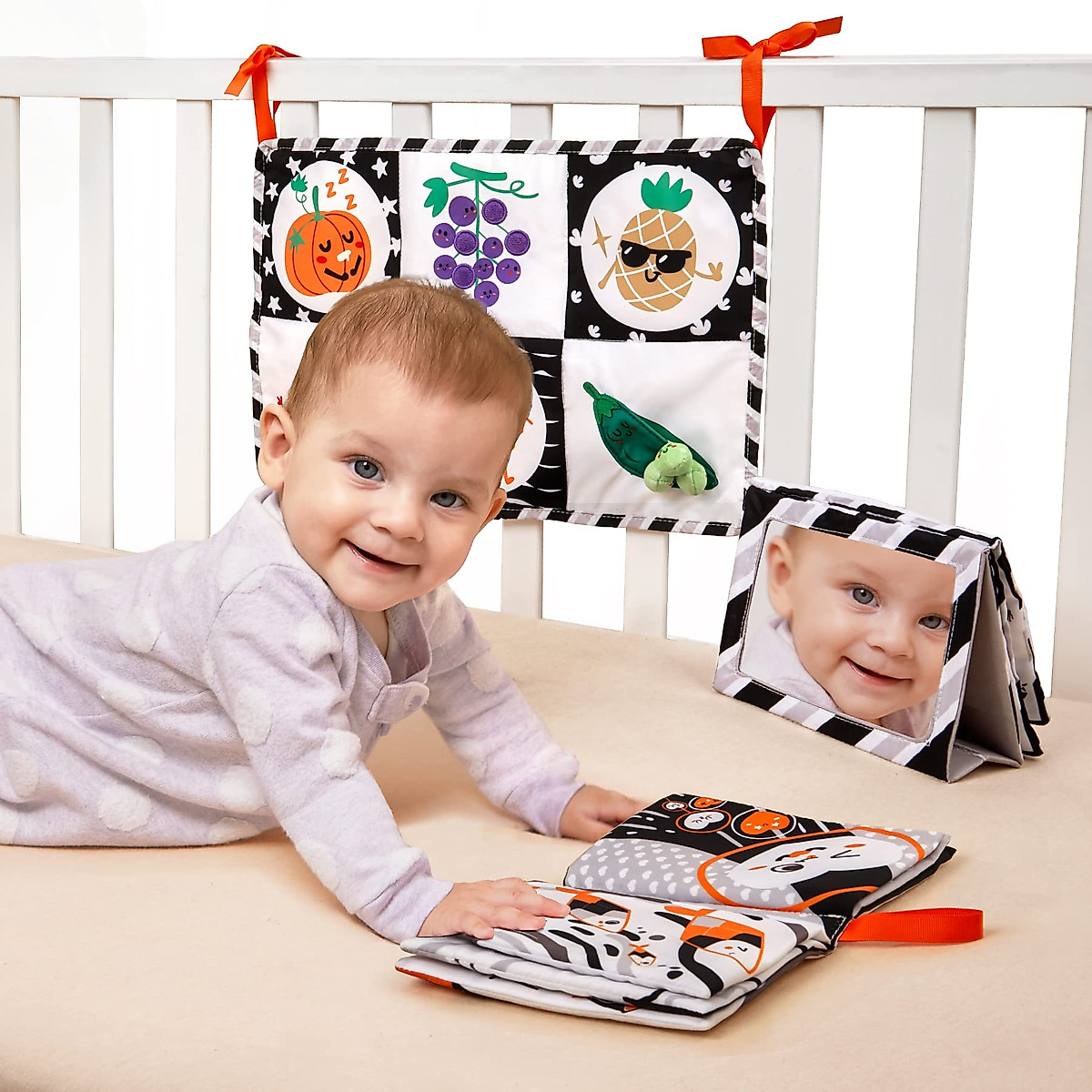 TUMAMA Baby Crib Black White Hanging Toy, Soft Cloth Shape Book, Crib Play Mats High Contrast Double Sides, Floor Mirror Books Letters Numbers Animals for Baby 0 3 6 9 12 Months