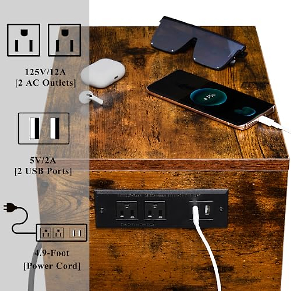 LEBOAHOUS Nightstand with Charging Station and USB Port, 3 Tier Industrial Night Stand, Bedside Table with Flip Storage Drawer and Open Shelf, End Side Table for Bedroom, Office, Dorm 26.2''H (Brown)