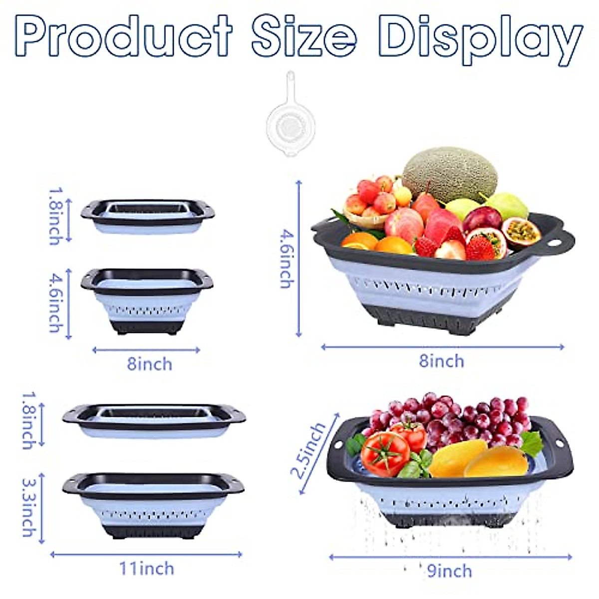 Esmartlife Silicone Colanders - 2 Collapsible Colanders (Strainers), Sizes9" - 3 Quart and 8" - 2Quart -Colander Strainer, Space-save Silicone Kitchen Foldable Food Strainer