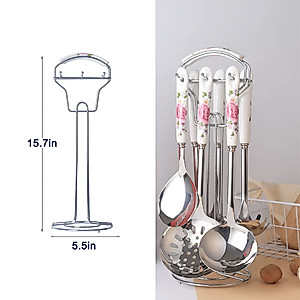 7-Piece Stainless Steel Cooking Utensils Set with ceramic Handle and Holder, Kitchen Utensil Tableware Set, Spatula, Turner Spatula, Ladle, Serving Spoon, Slotted Spoon, Pasta Server, Whisk