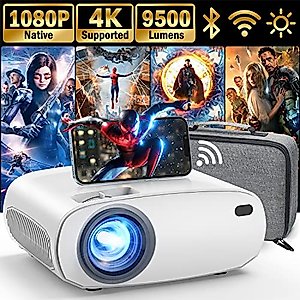 [Upgraded] WiFi Bluetooth Projector 4K Support, 9500L Native 1080P Outdoor Movie Projector for iPhone Andriod, 300" Display Video Projector Compatible TV Stick, Phone, Computer