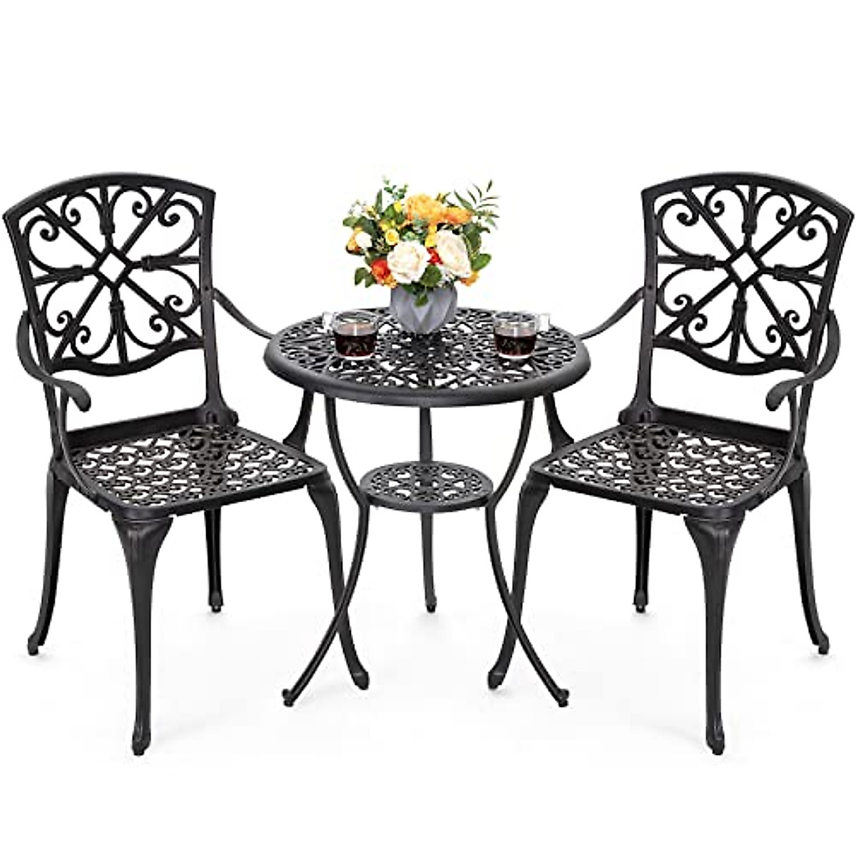 Nuu Garden 3 Piece Bistro Table Set Cast Aluminum Outdoor Furniture Weather Resistant Patio Table and Chairs with Umbrella Hole for Yard, Balcony, Porch, Black with Antique Bronze at The Edge