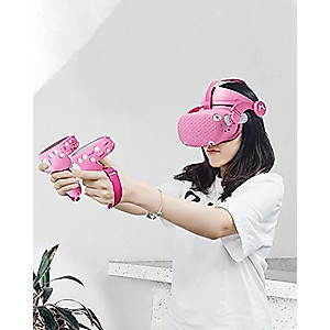 MODJUEGO VR Adjustable Head Strap for Oculus Quest 2 Accessories with Silicone Touch Controller Grip Cover,Barbie Pink 6 in1 VR Shell Protector Cover & VR Face Cover Replacement Set