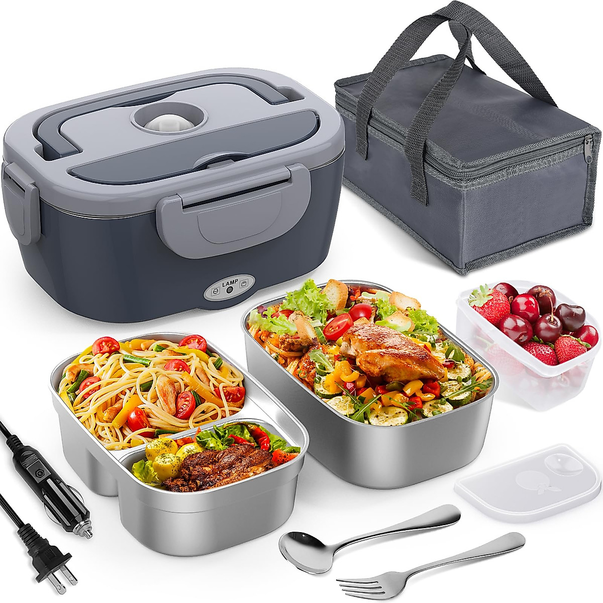 Vabaso Electric Lunch Box for Adults, 80W Heated Lunch Box with 2 Stainless Steel Container, 1.5L Portable Food Warmer Lunch Box for Work Men Car Truck, 110V/12V/24V/220V