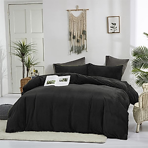 Houseri Velvet Black Comforter Set Queen Solid Black Fluffy Comforters Queen Size Teens Black Fuzzy Bedding Boys Girls All Black Sherpa Comforter Queen Black Soft Warm Comforter Bedding Sets Queen