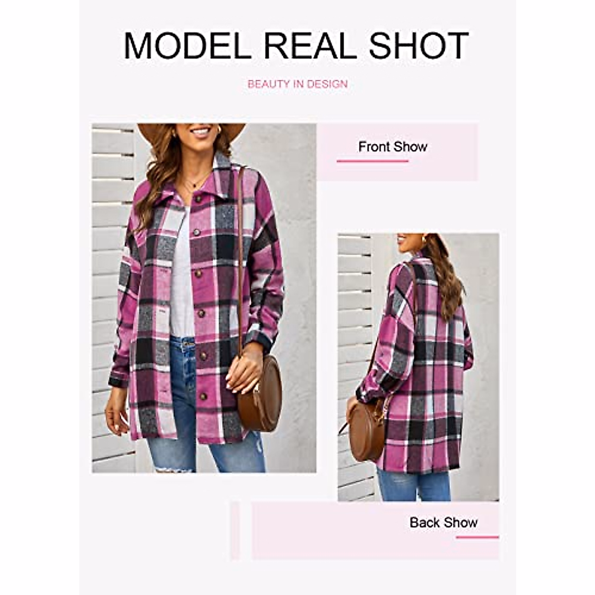 Dokotoo Shacket Jacket Women Ladies Winter Coats Plus Size Fall Fashion Casual Button Down Oversized Long Sleeve Tops Plaid Flannel Shirts Fleece Jackets Cardigan for Women 2023 with Pockets Rose M